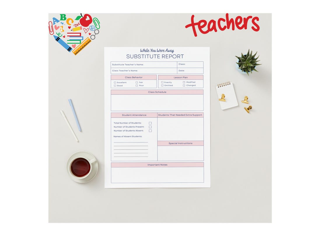 Substitute Teacher Report, Printable Note for Teachers, Substitute ...