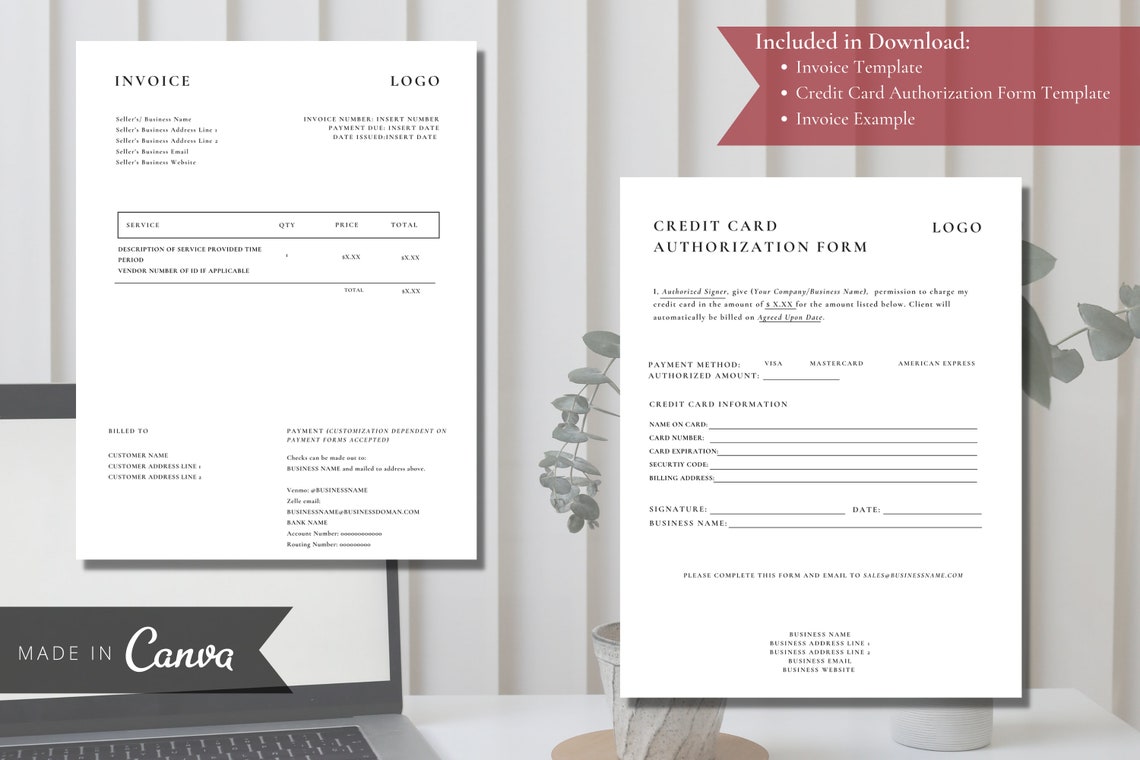 Invoice and Credit Card Authorization CANVA Template for Small ...