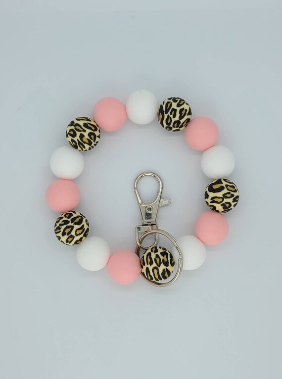 Leopard Print Pink & White Beaded Stretch Keychain Bracelet - Etsy