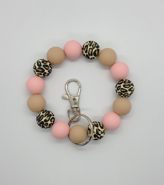 Leopard Print Pink and Oatmeal Beaded Stretch Keychain | Etsy
