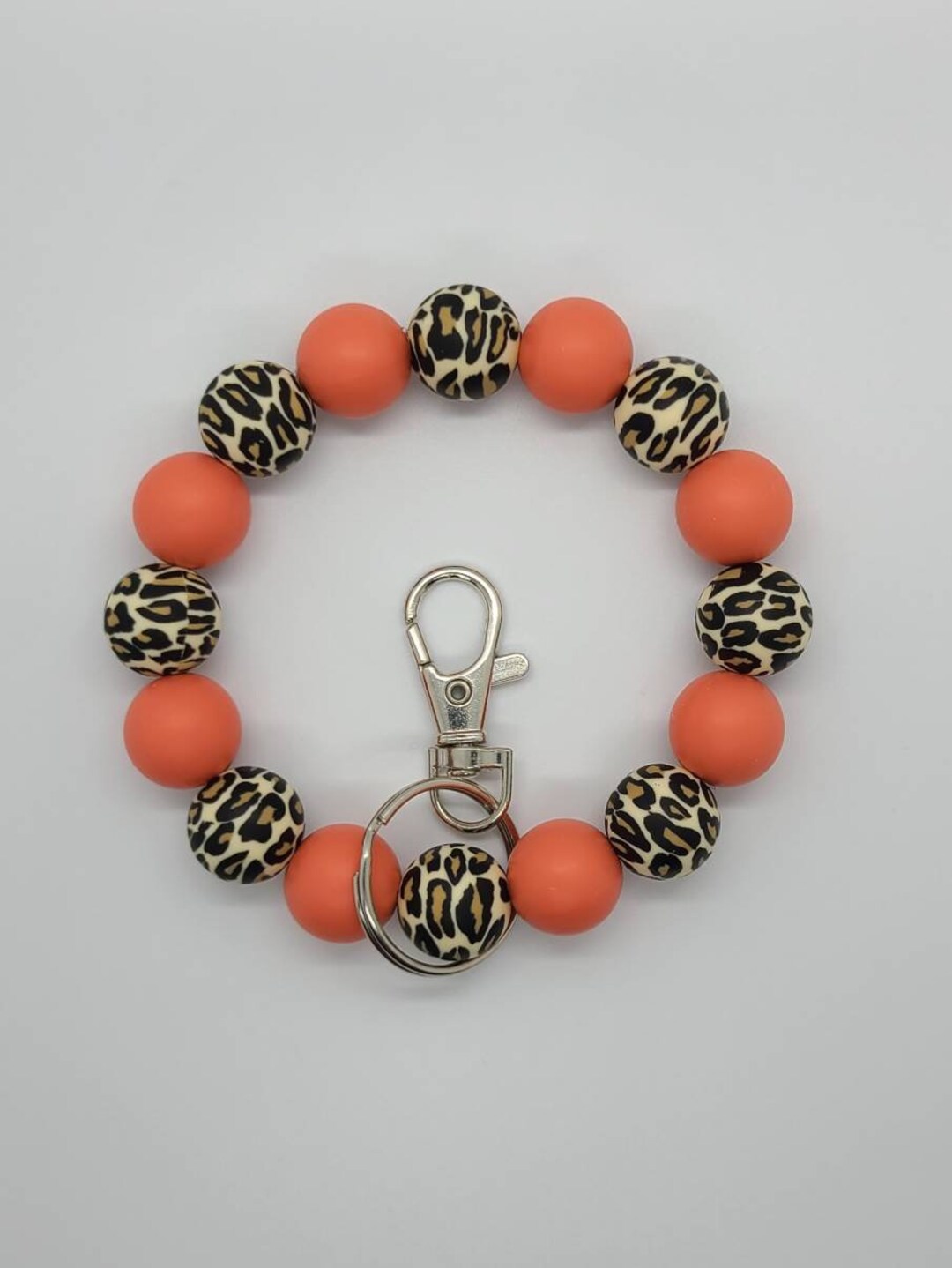 Leopard Print and Coral Beaded Stretch Keychain Bracelet - Etsy