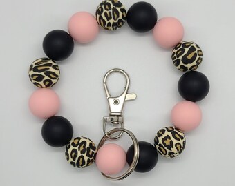 Leopard Print Pink & White Beaded Stretch Keychain Bracelet | Etsy