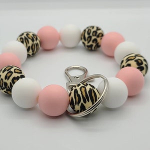 Leopard Print Pink & White Beaded Stretch Keychain Bracelet Wristlet - Etsy
