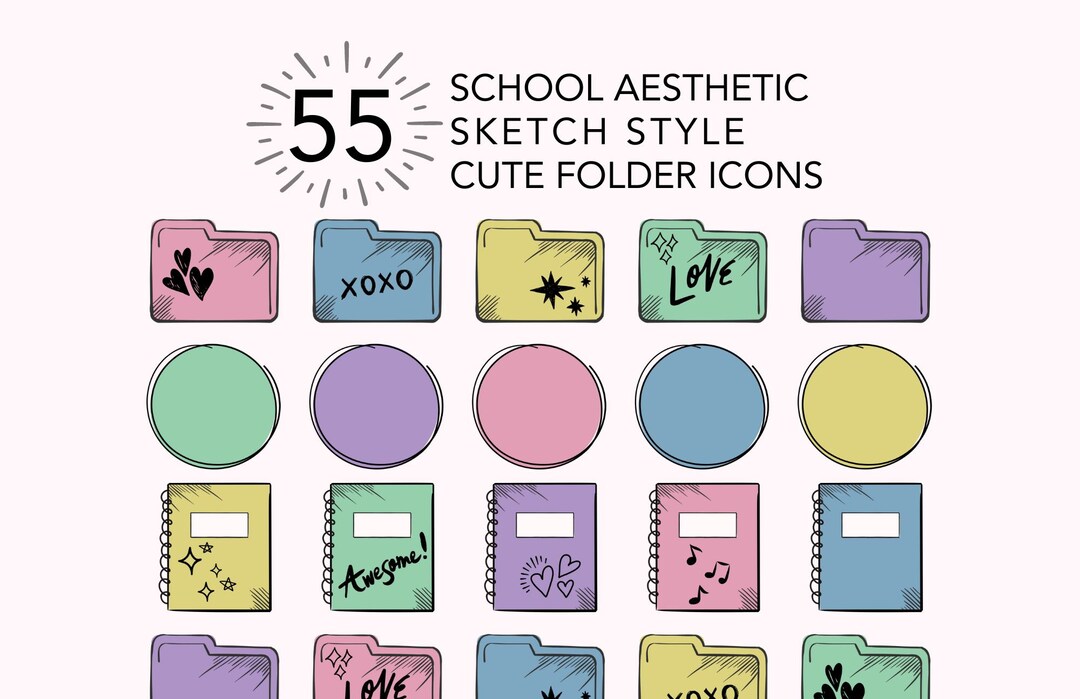School Sketch Style Folder Icons | Bundle of 55 | Cute Aesthetic ...