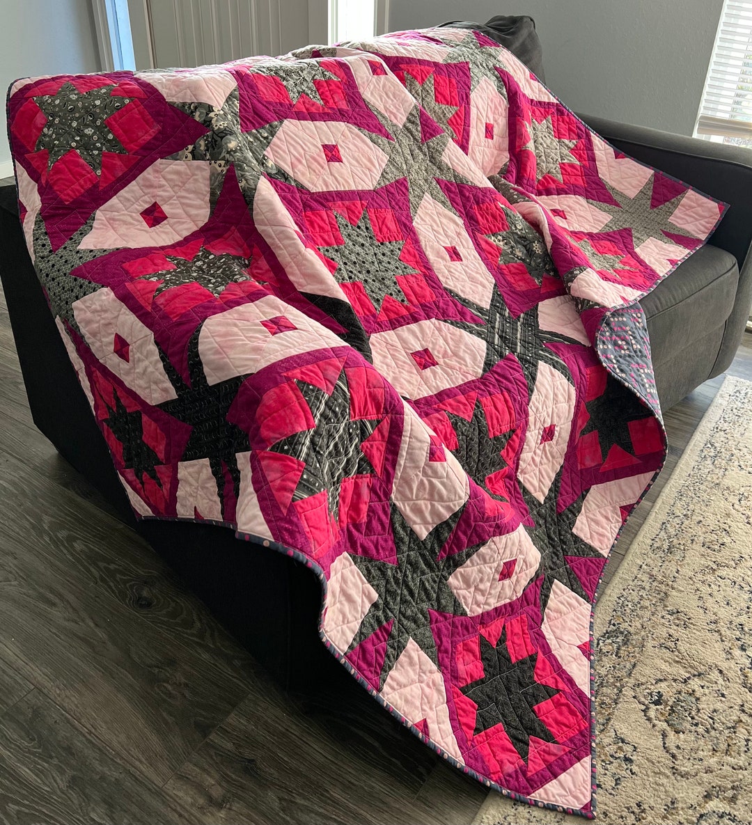 Handmade Star Quilt, Throw Size Ombré Quilt, Ready to Ship, Modern Pink ...