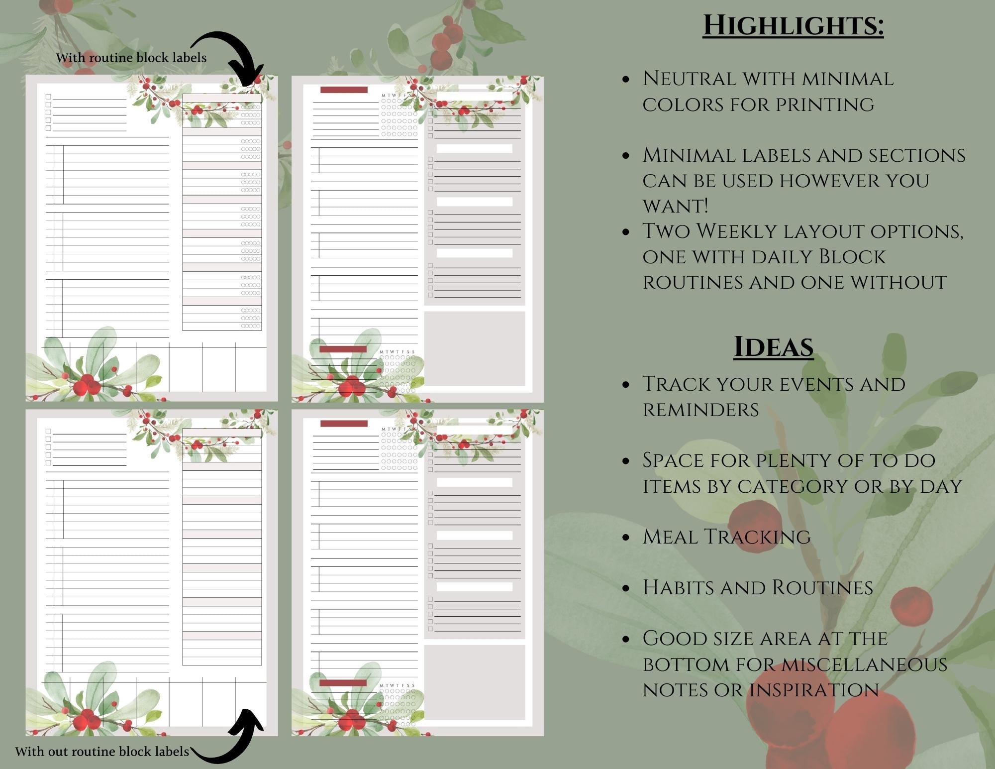 Weekly Planner, Christmas Themed Planner, Holiday, Meal Menu, Christmas ...