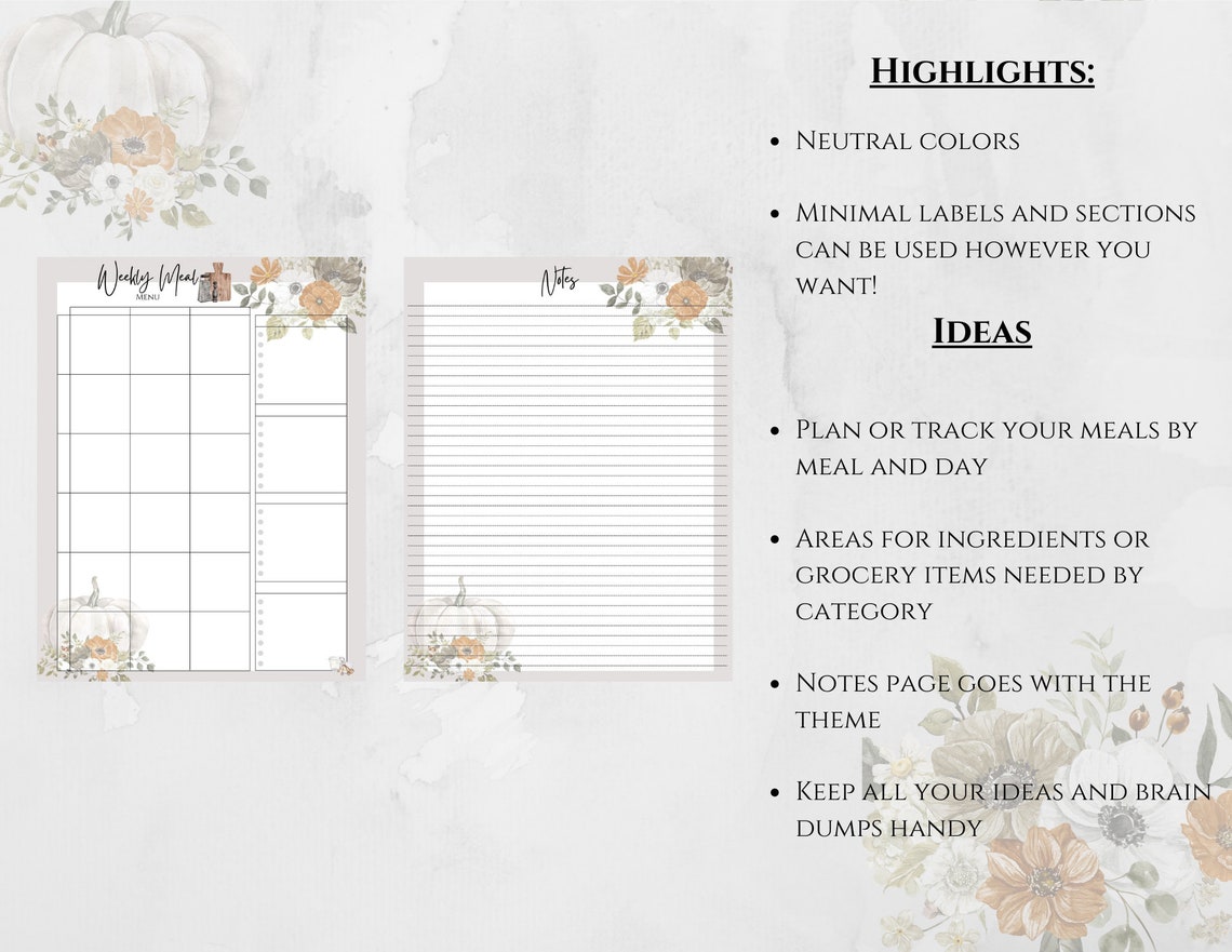 Fall Weekly Planner With Meal Planner and Overview Note Pages - Etsy