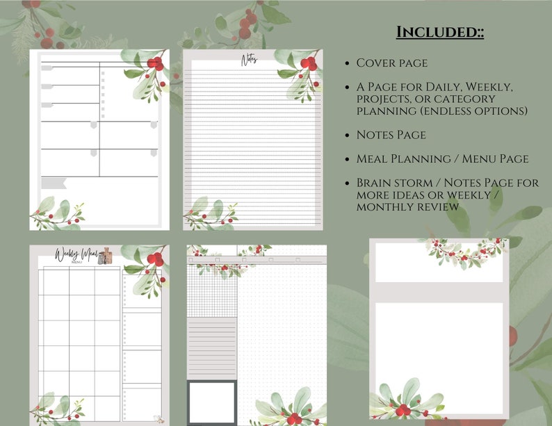 Weekly Planner, Christmas Themed Planner, Holiday, Meal Menu, Christmas ...