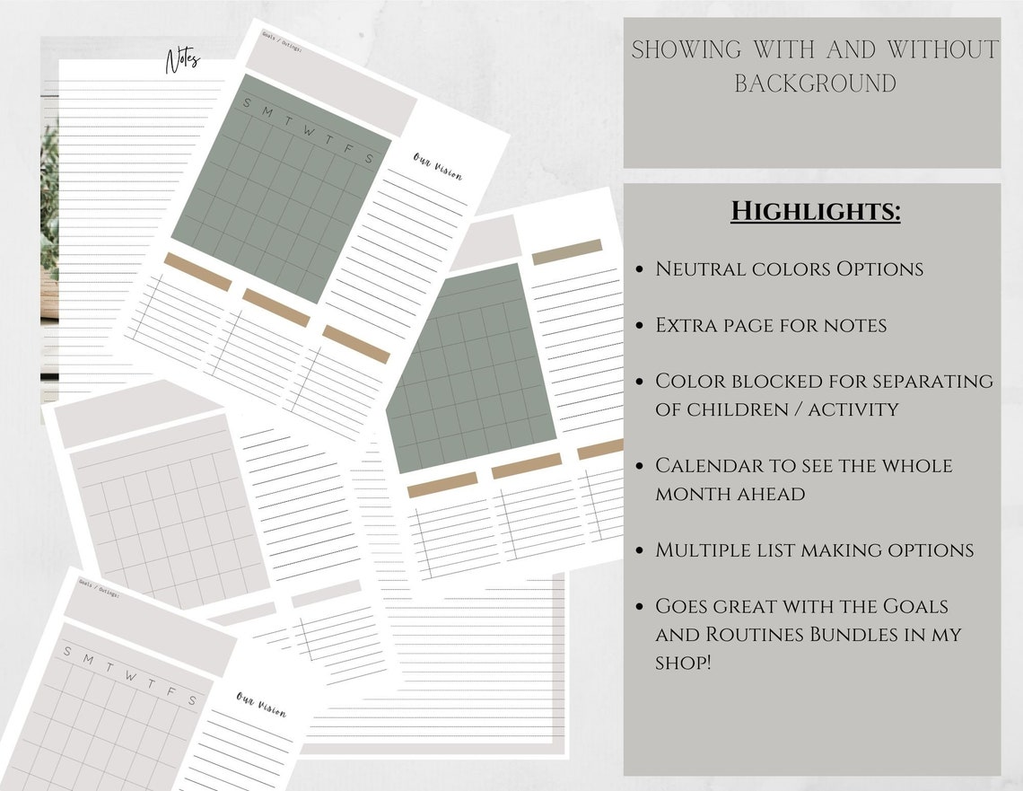 Monthly Vision Board and Notes Printable Planner Inserts // Functional ...