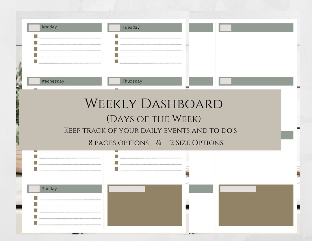Weekly Dashboard Days of the Week Printable Planner Inserts ...