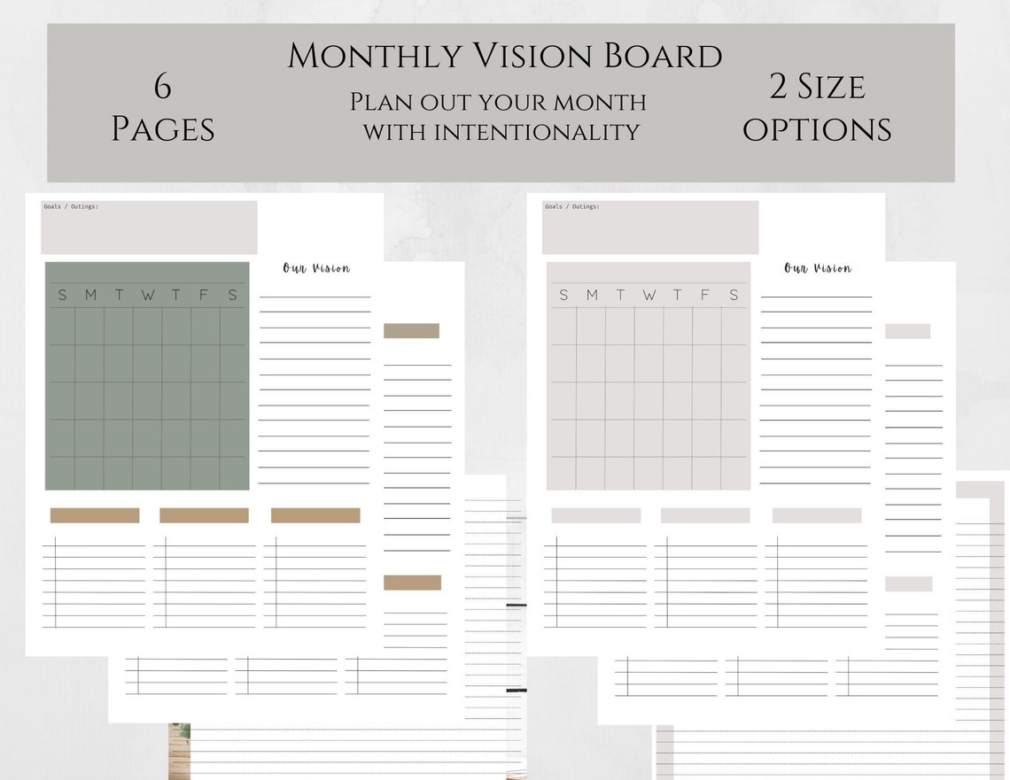Monthly Vision Board and Notes Printable Planner Inserts // Functional ...