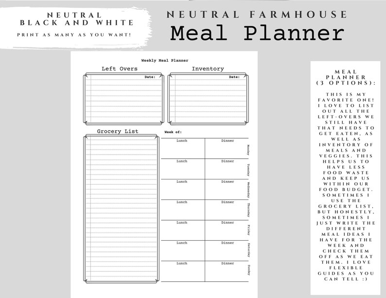 Farmhouse Neutral Meal Planner / Meal Plan Guide / Zero Food Waste ...