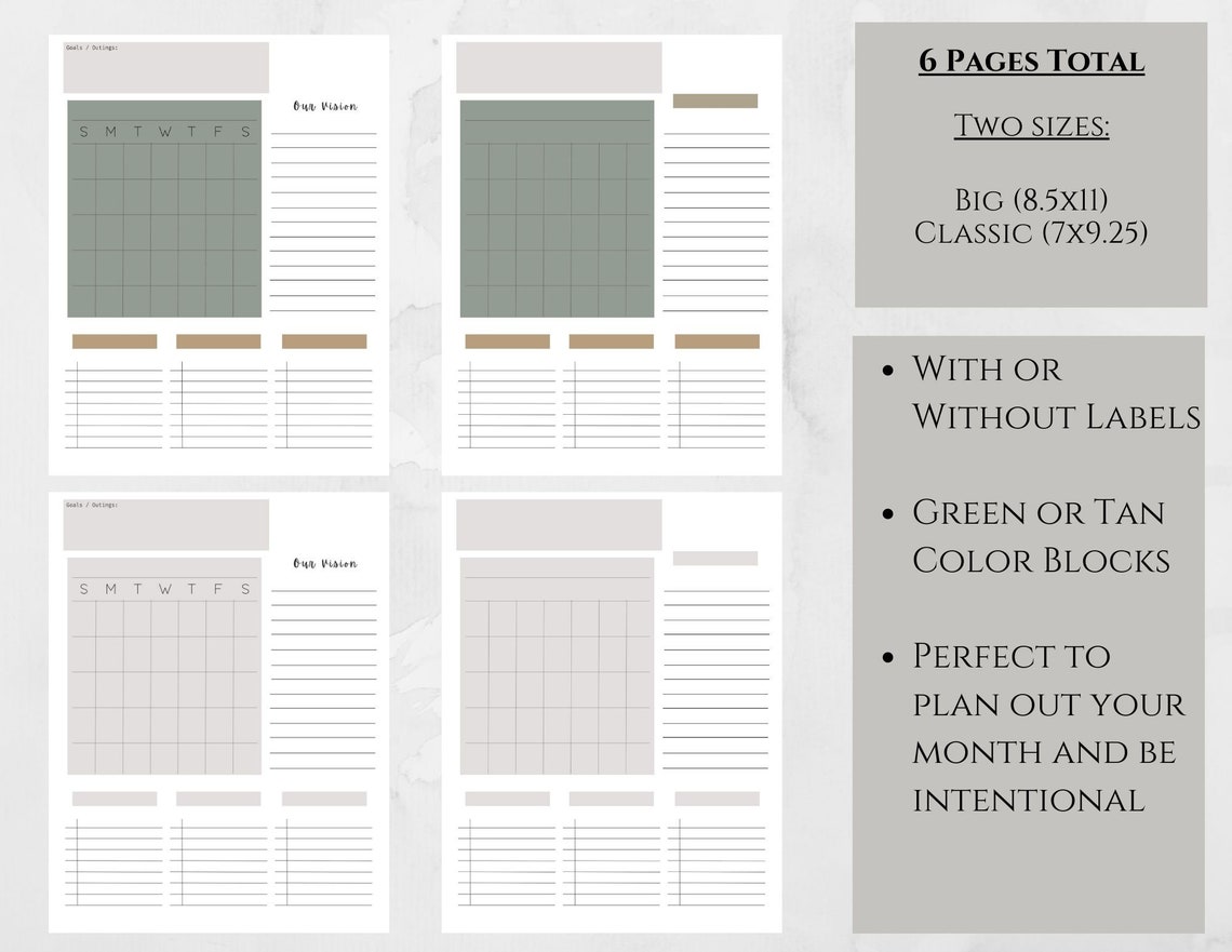 Monthly Vision Board and Notes Printable Planner Inserts // Functional ...