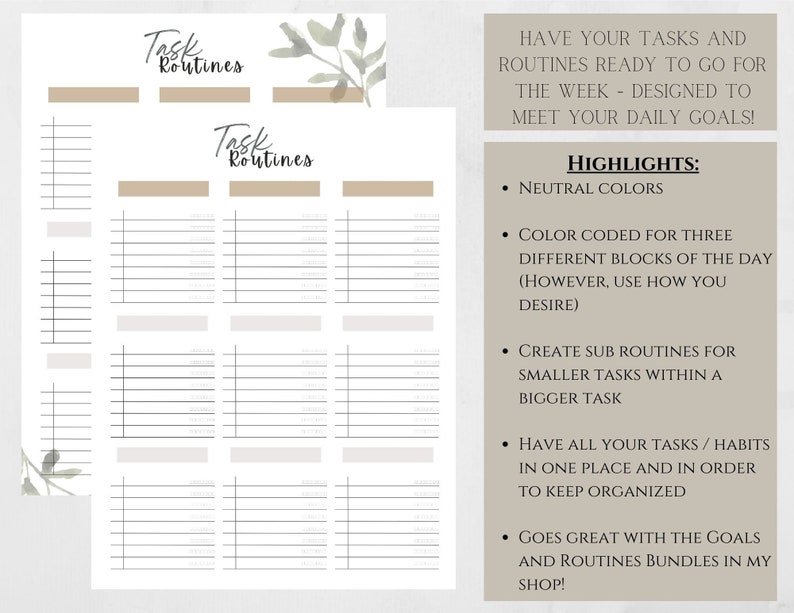 Task Routines Printables Planner Inserts // Habit Tracking // Goals and ...