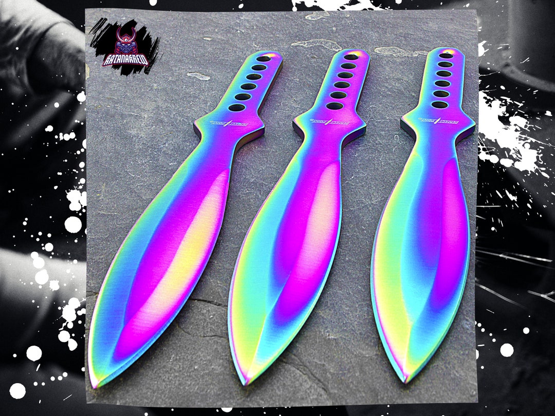 3 Pc Rainbow Fantasy Metal Throwing Knives Set W/ Sheath Tactical Kunai ...
