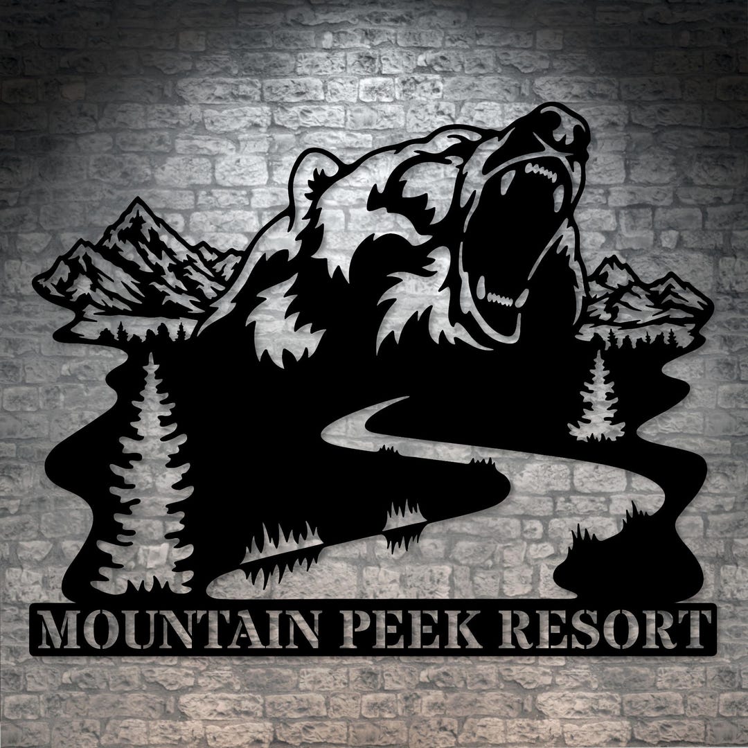 Personalized Bear Roaring at the Mountain River Metal Sign, Custom Bear ...