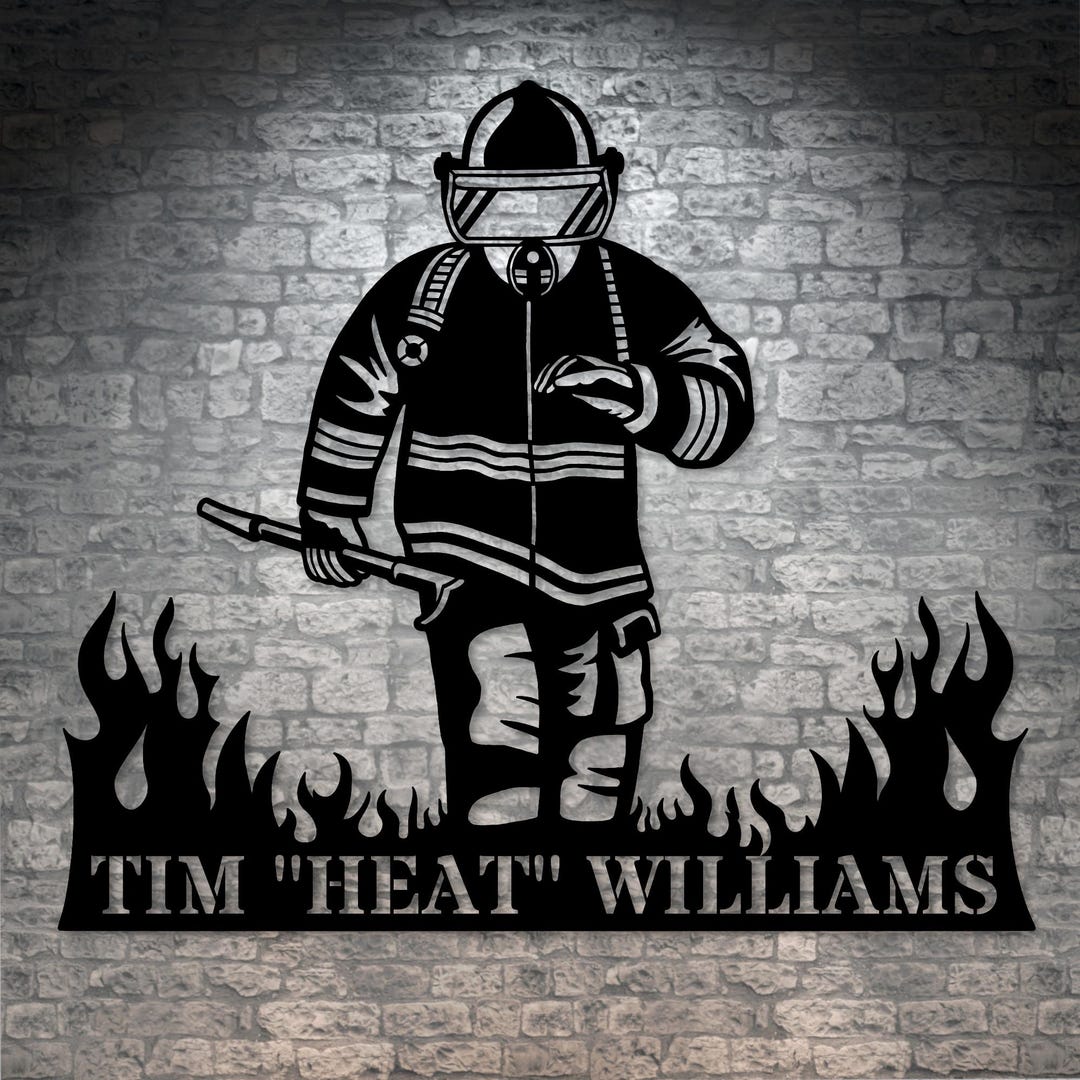 Personalized Fireman in Flames Name Metal Sign. Custom Firefighter ...