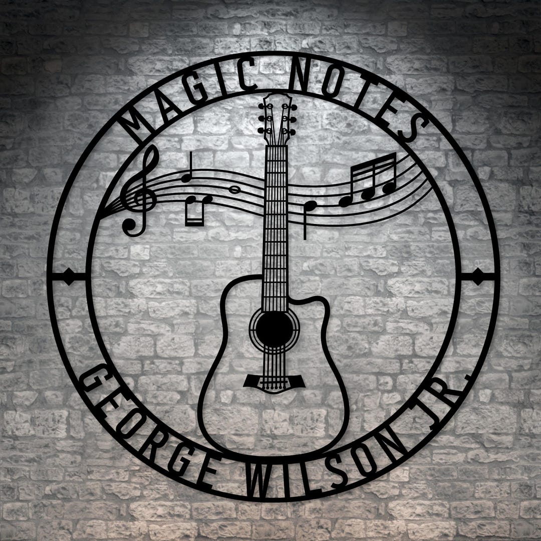Personalized Guitar and Notes Name Metal Sign. Acoustic Guitar Name ...