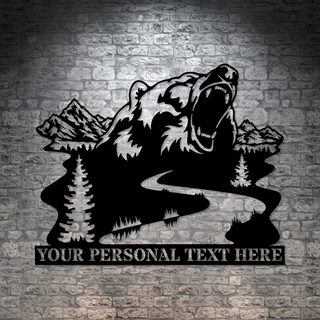 Personalized Bear Roaring at the Mountain River Metal Sign, Custom Bear ...
