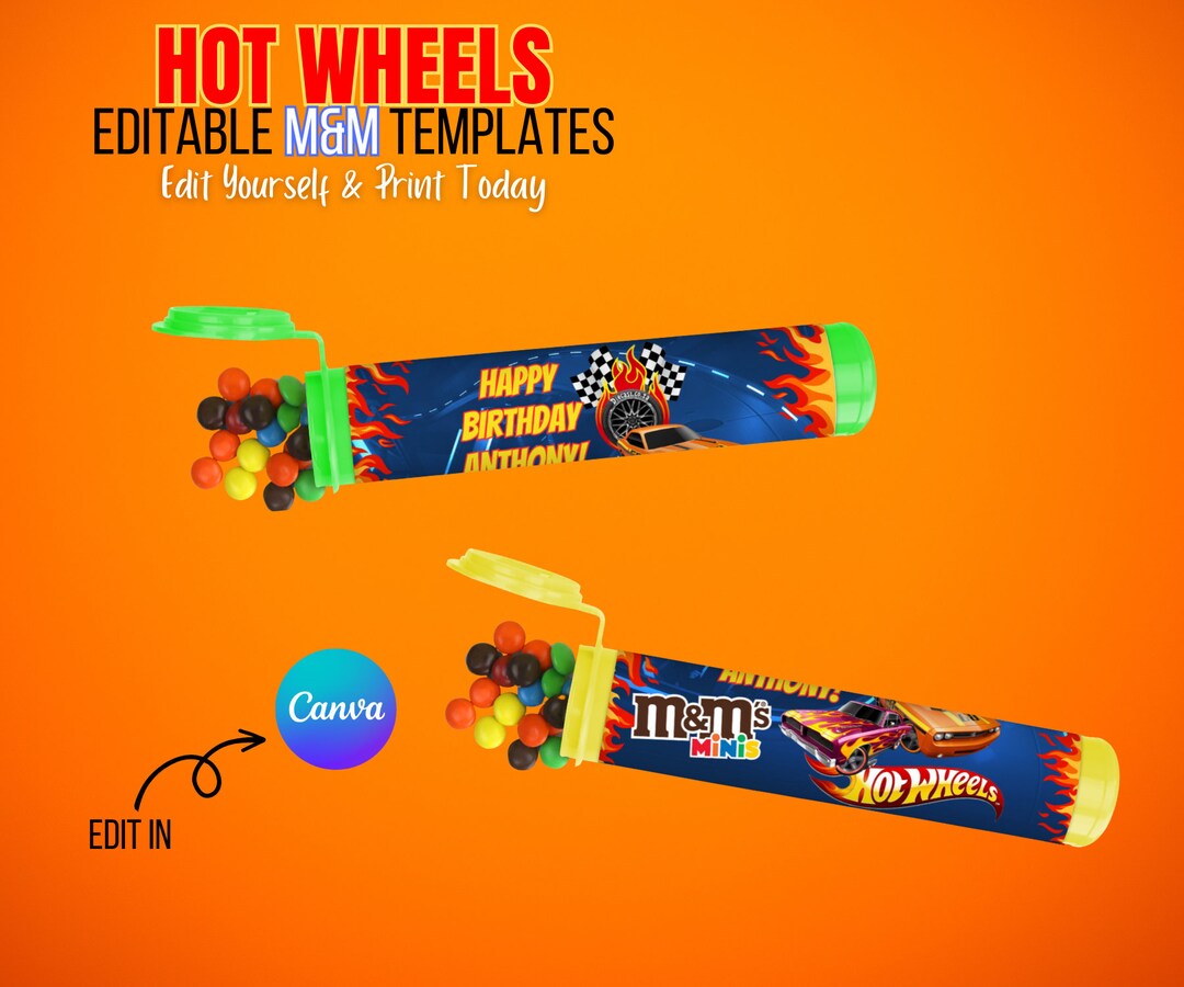 EDITABLE Kids Birthday M&M TUBE Template, Hot Wheels Birthday Theme ...