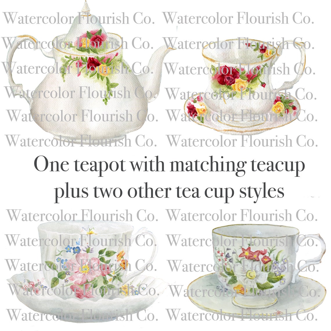 High Tea Watercolor PNG Clip Art Pack, Tea Cups PNG, Teapot PNG, for ...