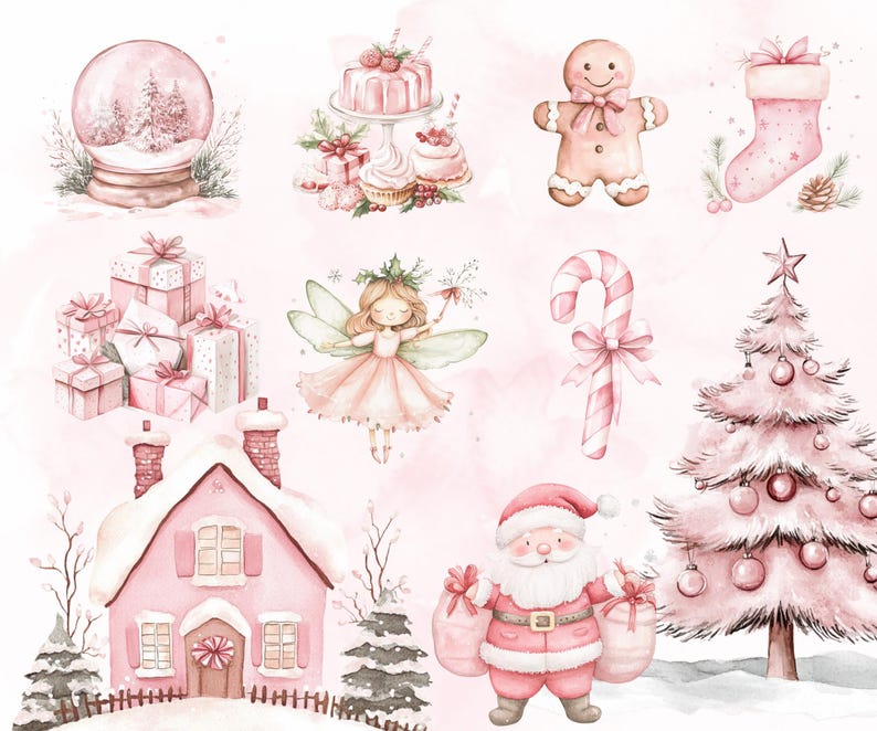 Blush Pink Christmas Clipart, Christmas Watercolor Clipart Bundle, Cute ...