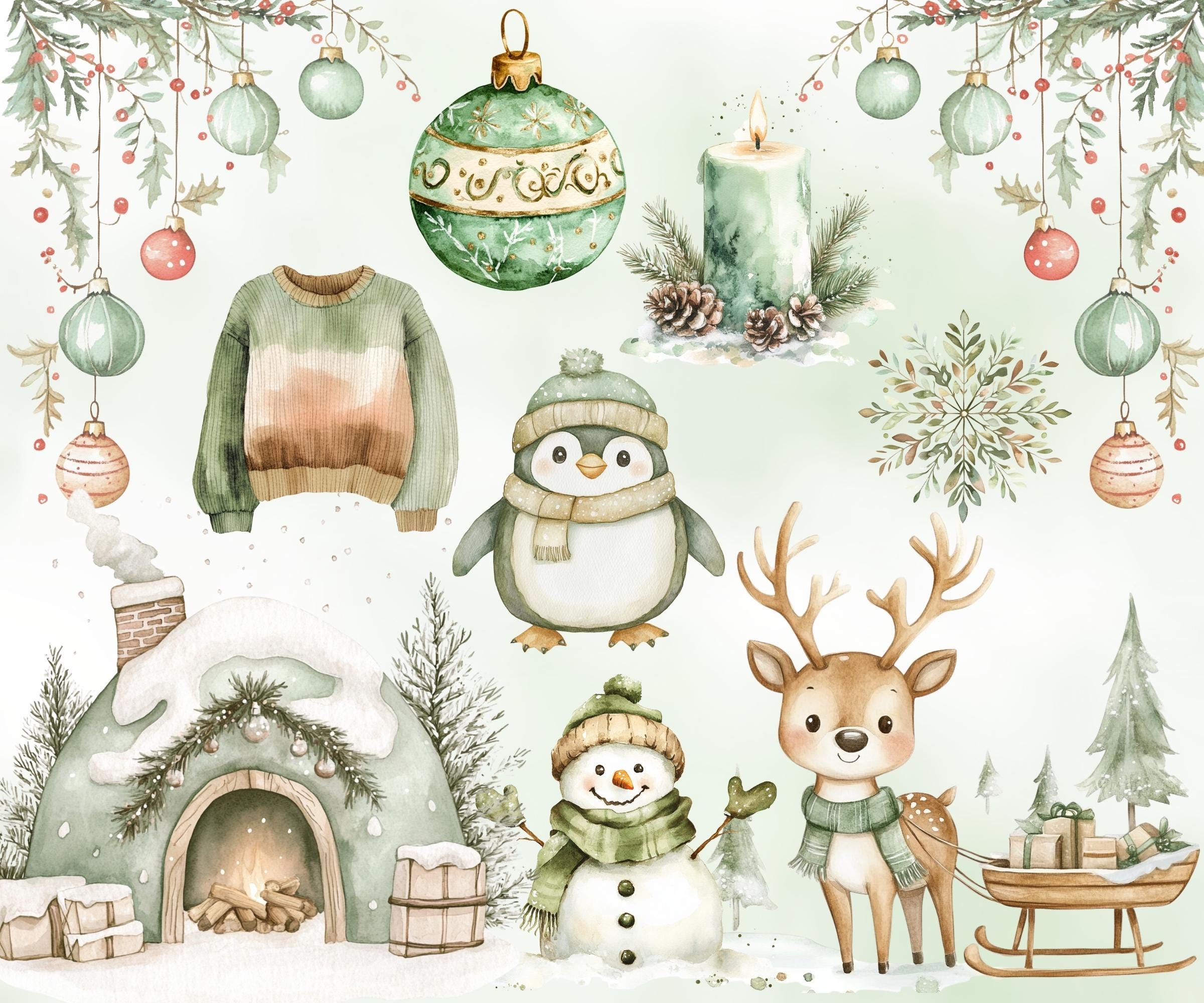 Watercolor Green Christmas Clipart, Sage Green Christmas PNG, Green ...