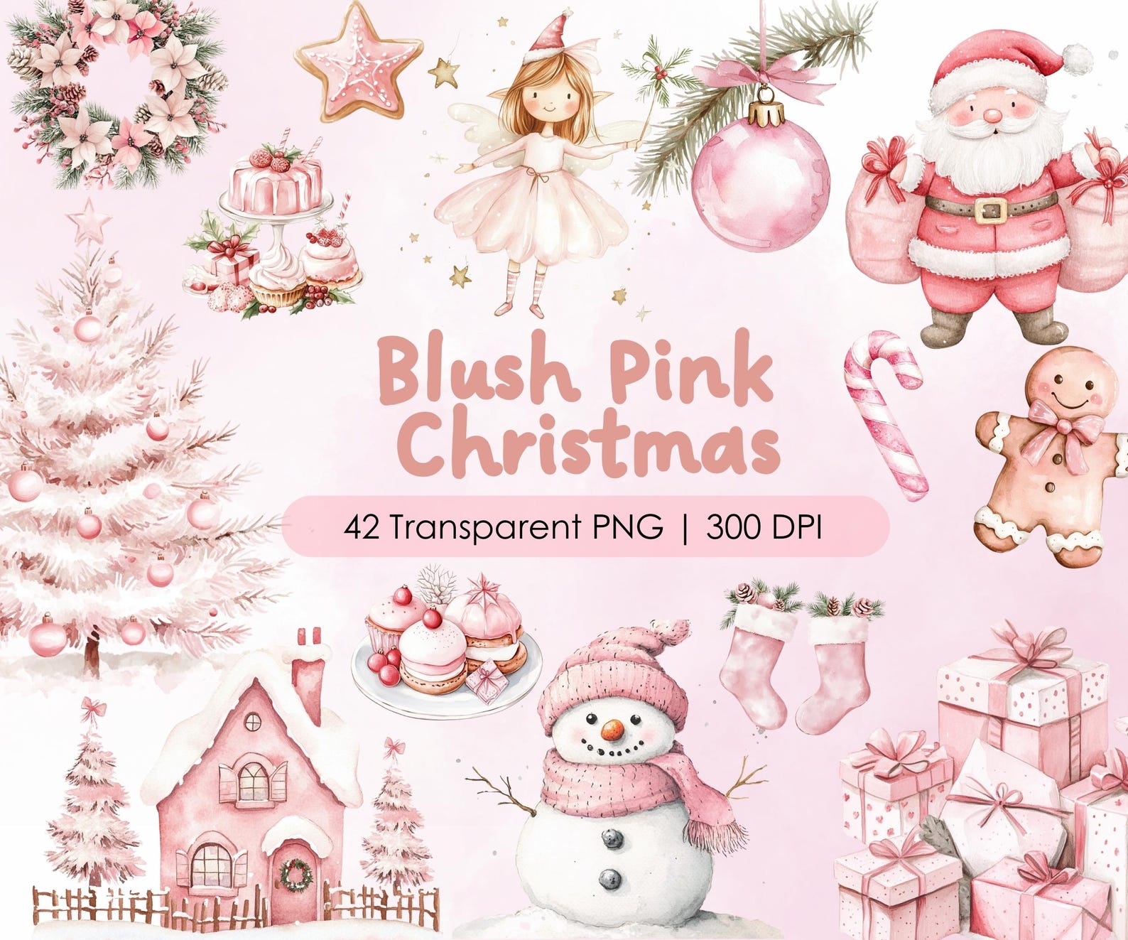 Blush Pink Christmas Clipart, Christmas Watercolor Clipart Bundle, Cute ...