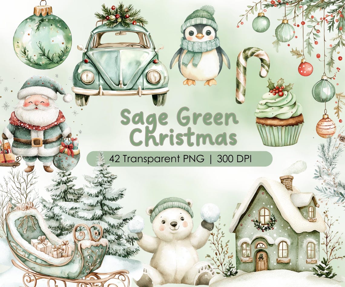 Watercolor Green Christmas Clipart, Sage Green Christmas PNG, Green ...