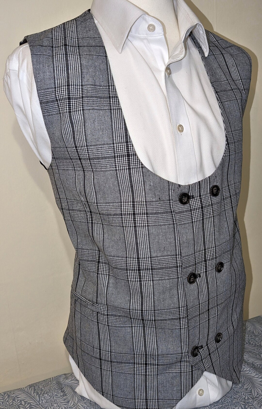 Check Waistcoat Black and White Glenn Plaid 44 Inch Chest Cotton Blend ...