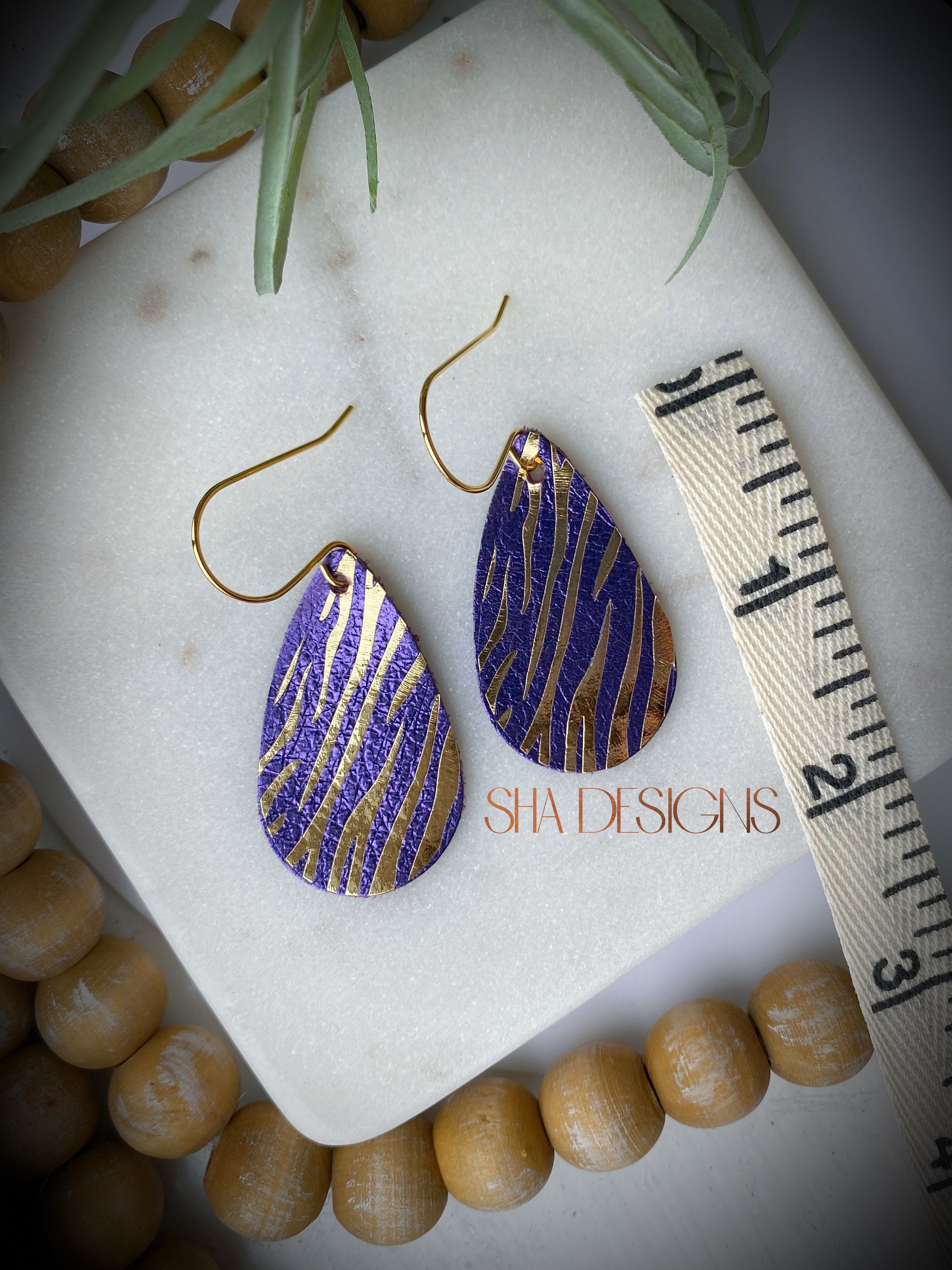 LSU Inspired Tiger Stripe Purple and Gold Leather Dangle - Etsy