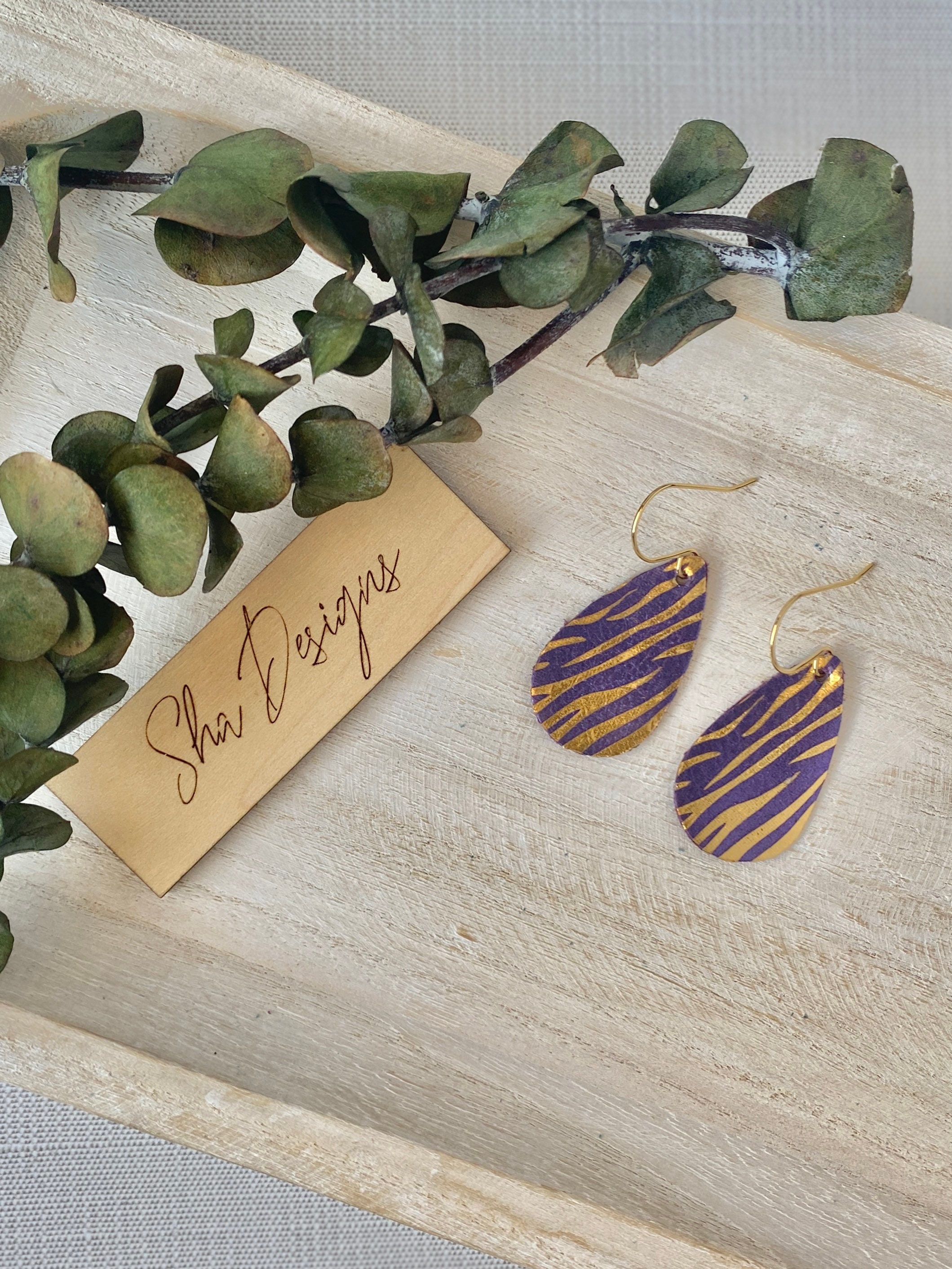LSU Inspired Tiger Stripe Purple and Gold Leather Dangle - Etsy