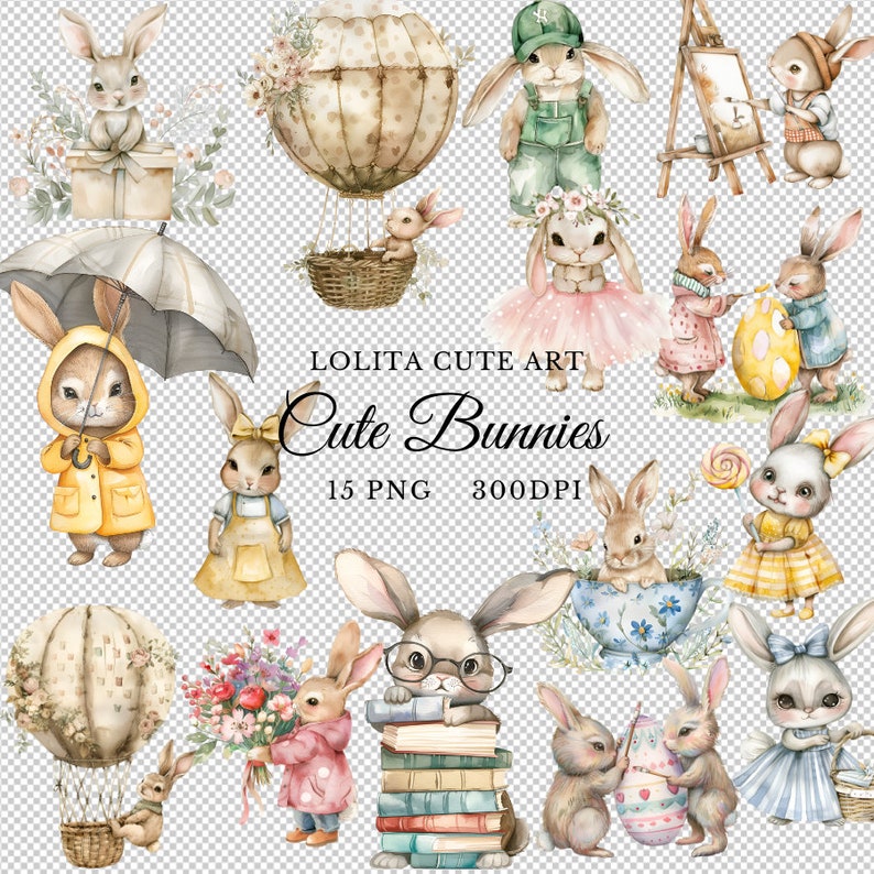 Watercolor Illustration of Cute Bunnies Set Clipart for Craft ...