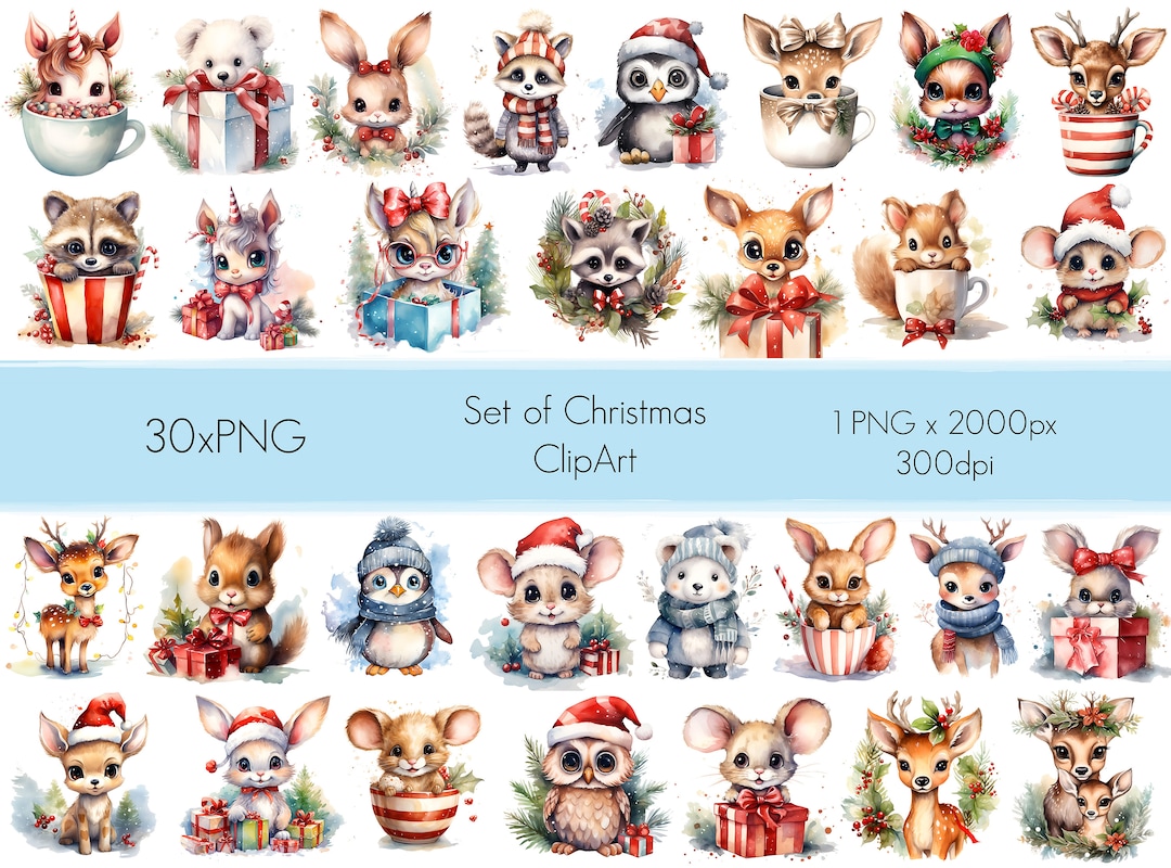 Christmas Set of Holiday Clipart Illustration With Cute - Etsy