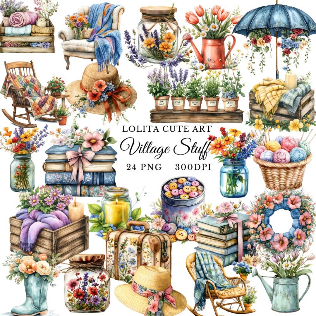 Watercolor Collection of Cozy Clipart Village Stuff Set - Etsy