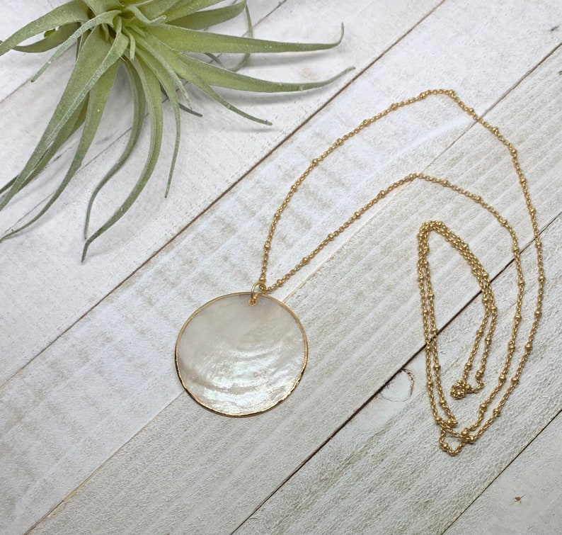 Large Capiz Shell With Gold Rim Necklace. - Etsy