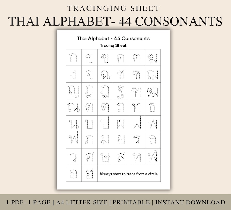 Thai Alphabet Tracing Sheet for Kids & Beginner | 44 Consonants ...