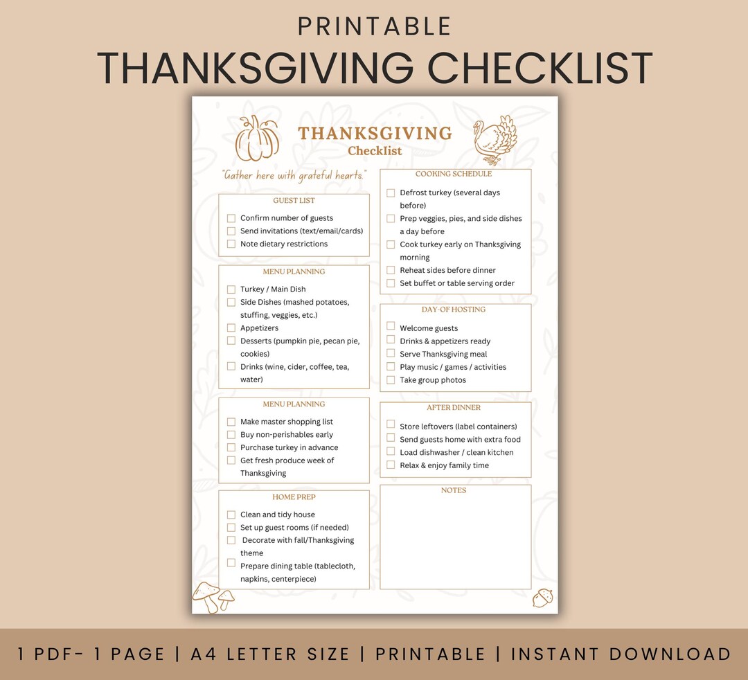Thanksgiving Checklist: Fall Holiday Planner (PDF Download) - Etsy