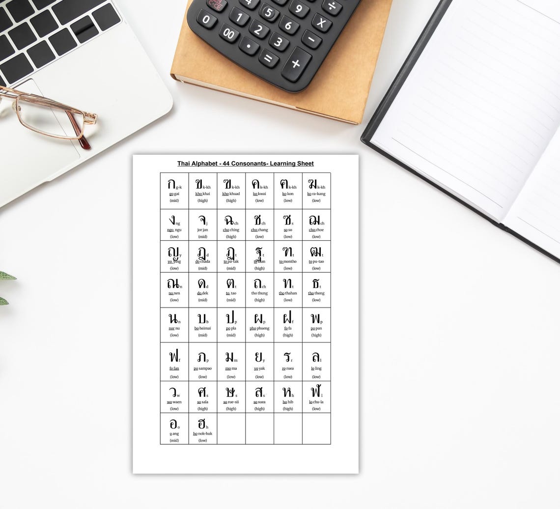 Thai Alphabet Chart: 44 Consonants Learning Sheet (printable PDF for ...