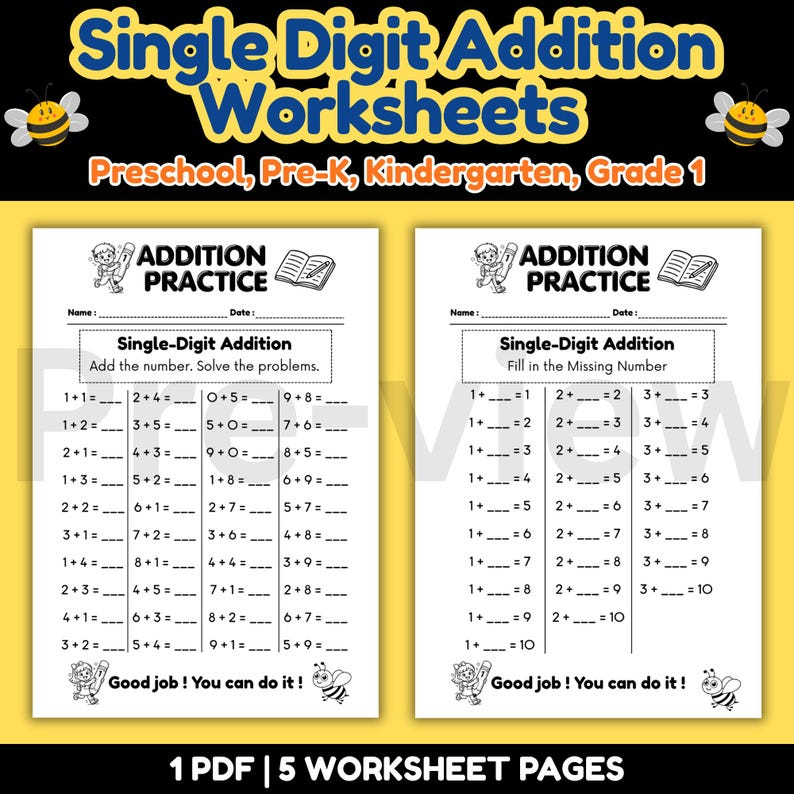Single Digit Addition Worksheets | Kindergarten Math Practice (PDF) - Etsy
