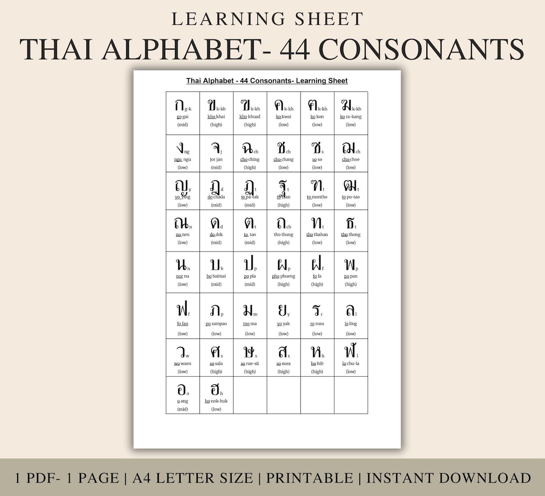 Thai Alphabet Chart: 44 Consonants Learning Sheet (printable PDF for ...