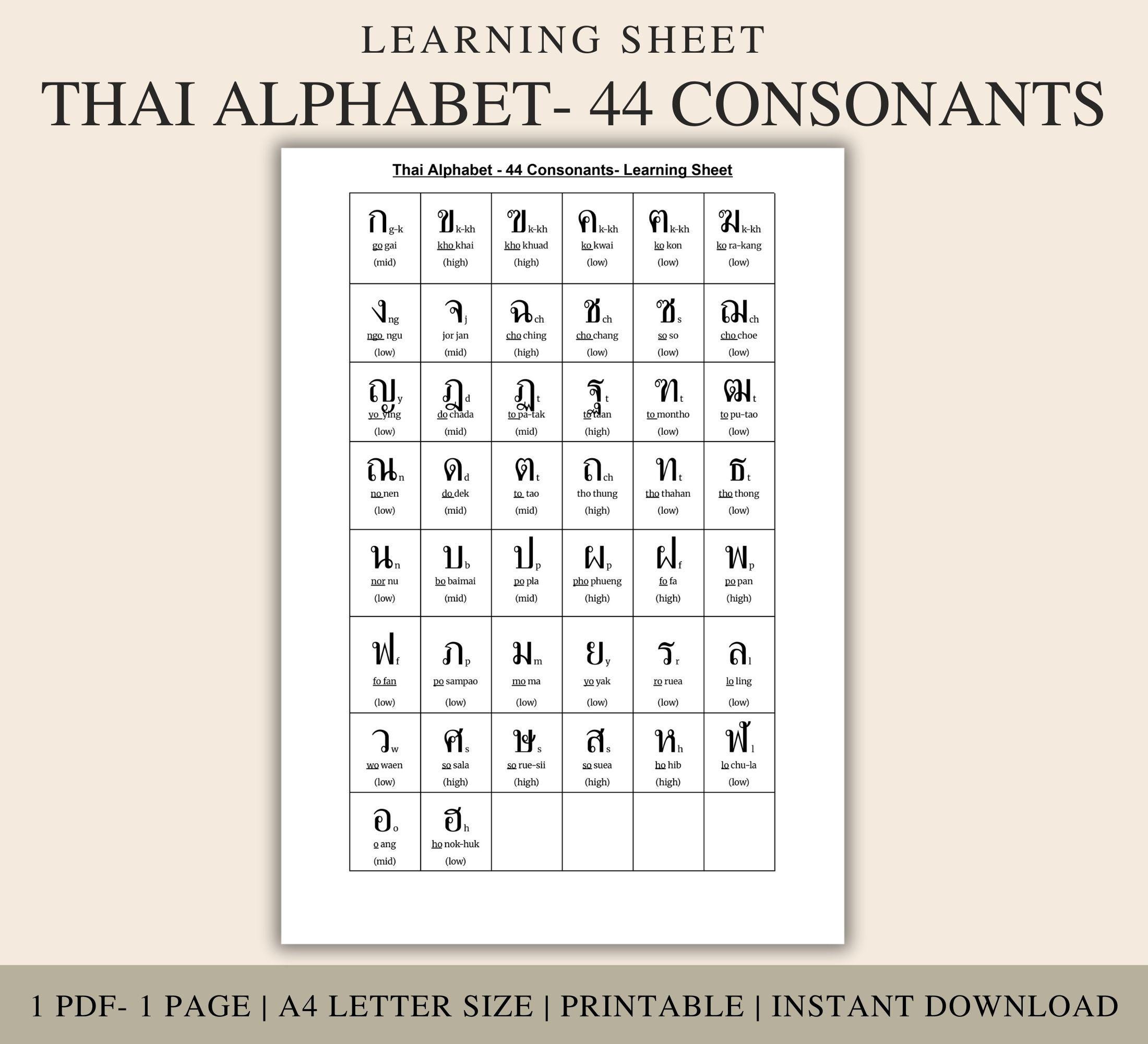Thai Alphabet Chart: 44 Consonants Learning Sheet (printable PDF for ...