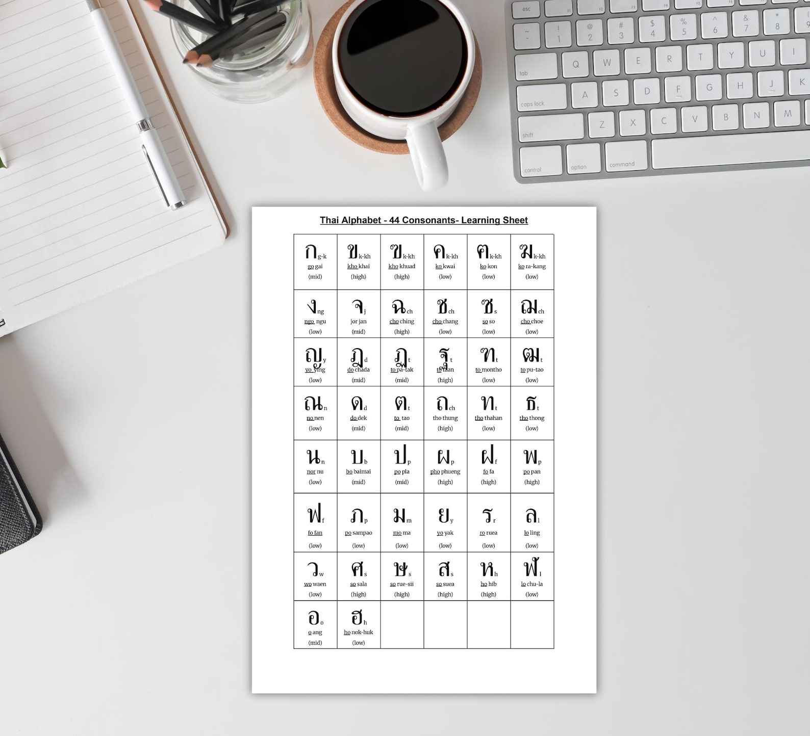 Thai Alphabet Chart: 44 Consonants Learning Sheet (printable PDF for ...