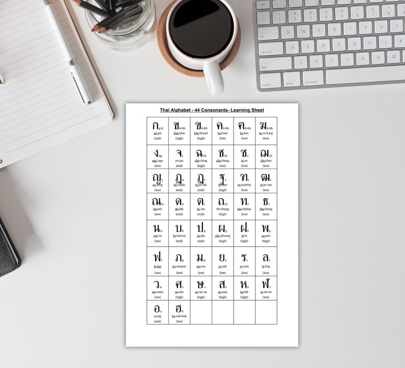 Thai Alphabet Chart: 44 Consonants Learning Sheet (printable PDF for ...