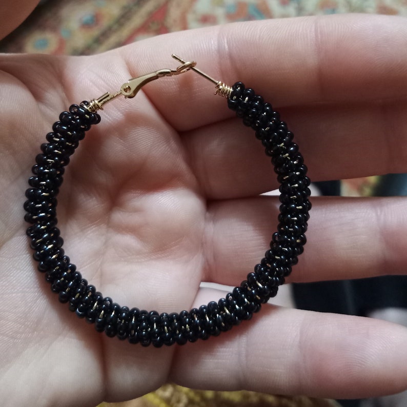 Handmade Seed Bead Wrapped Gold Hoop Earrings Choice of Multicoloured ...