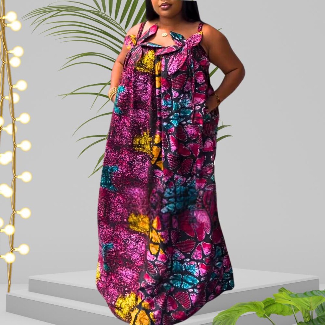Summer Chic African Print Floral Motifs Tie Strings Maxi Dress ...