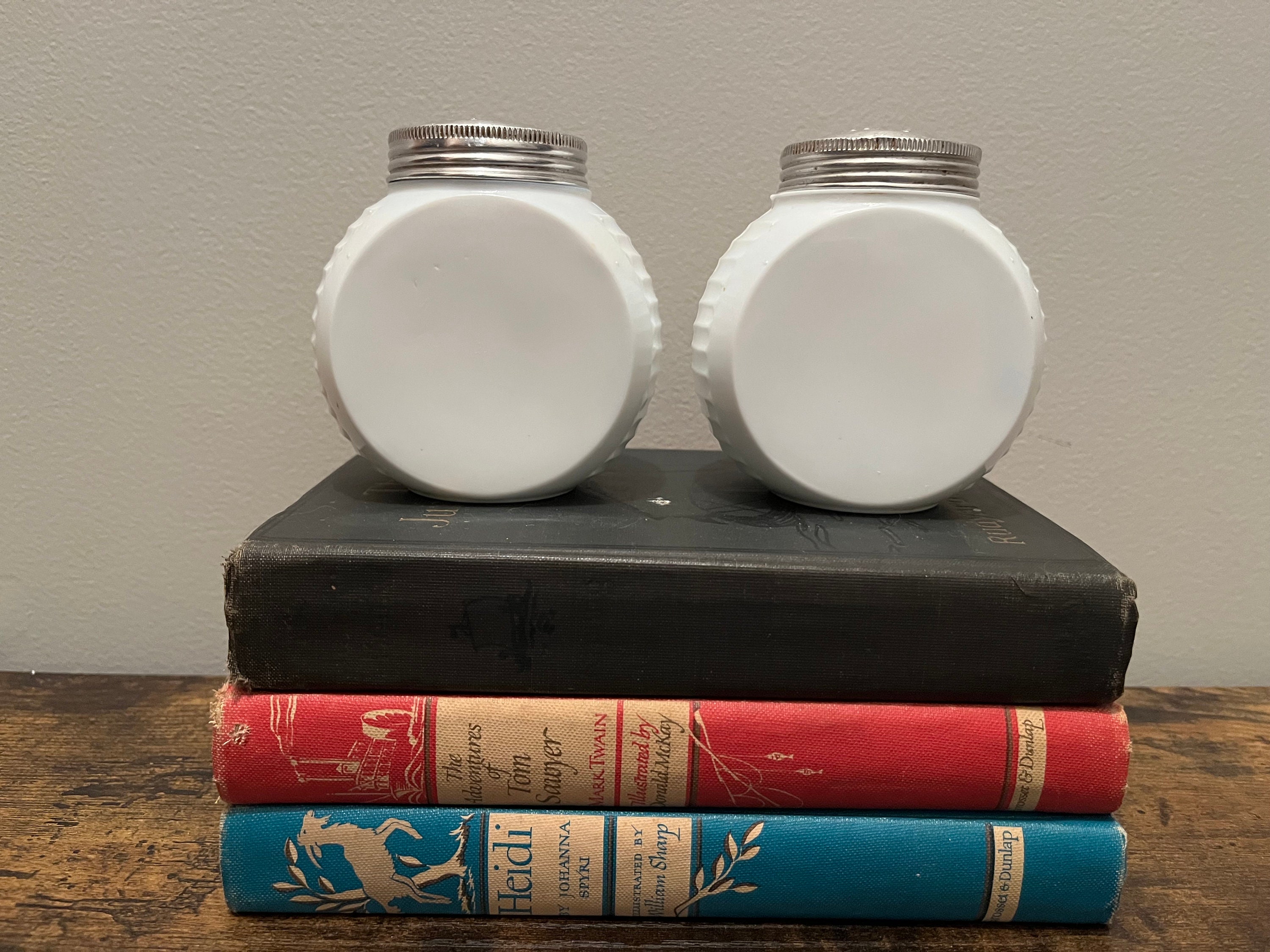 Set of 2 Anchor Hocking Fire King Circle Milk Glass Salt & Pepper ...