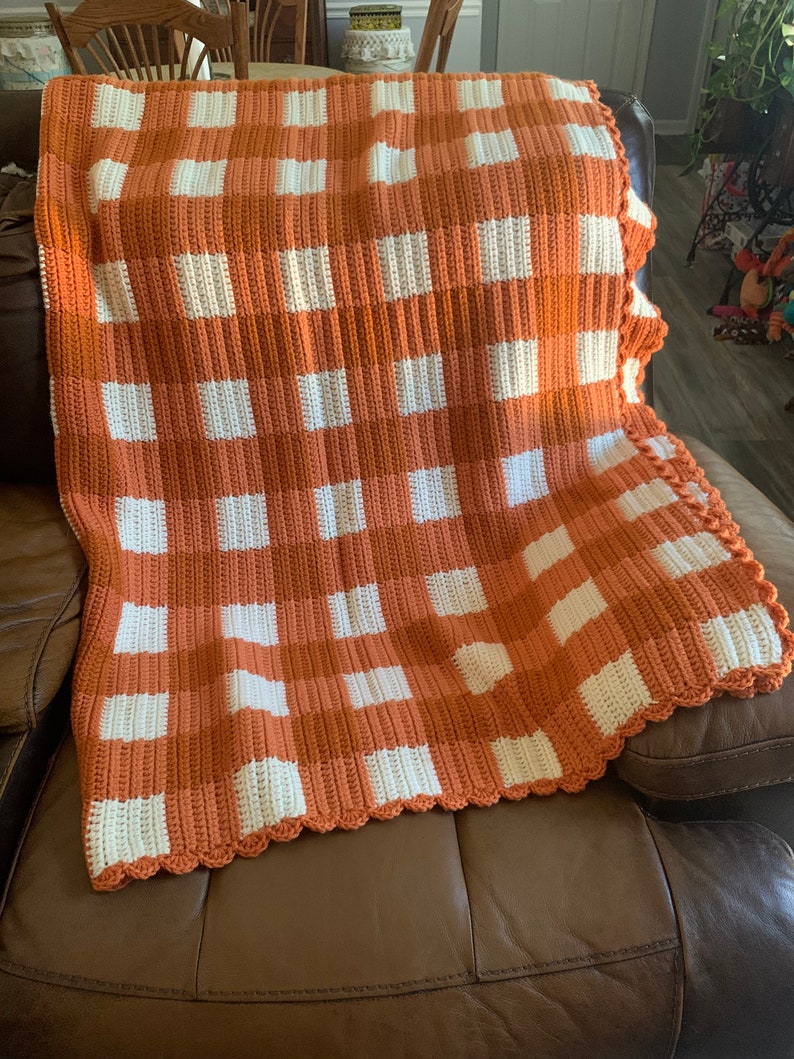 Orange Gingham Crochet Throw Blanket - Etsy