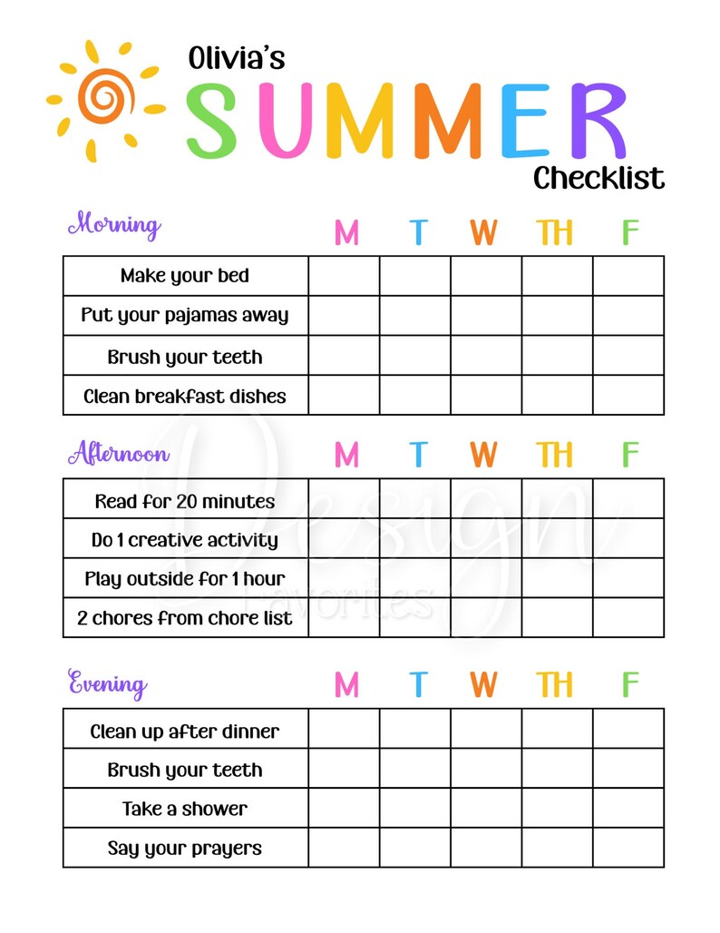 Kids Summer Chore & Reading Chart- Kids Chart - Etsy