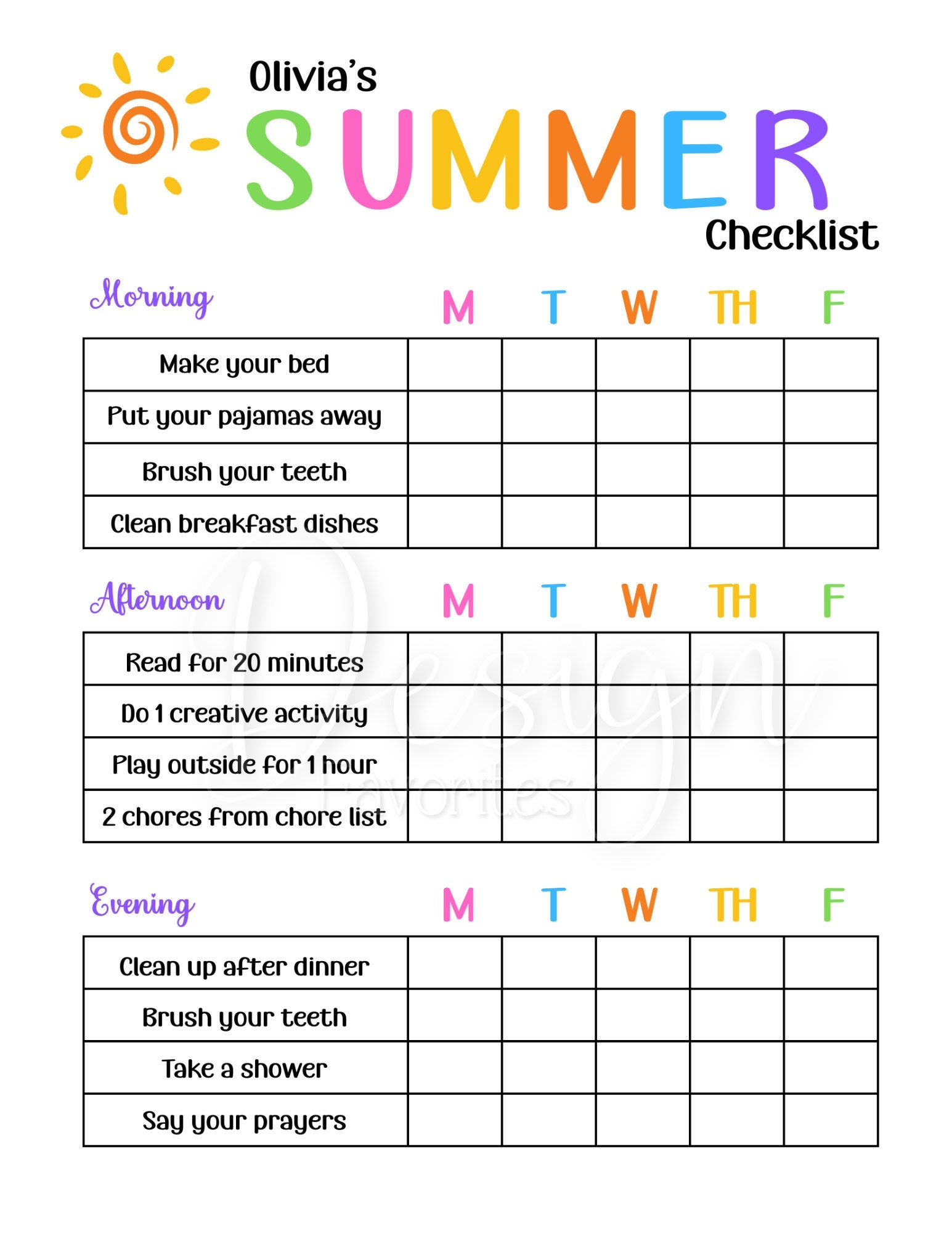 Kids Summer Chore & Reading Chart- Kids Chart - Etsy